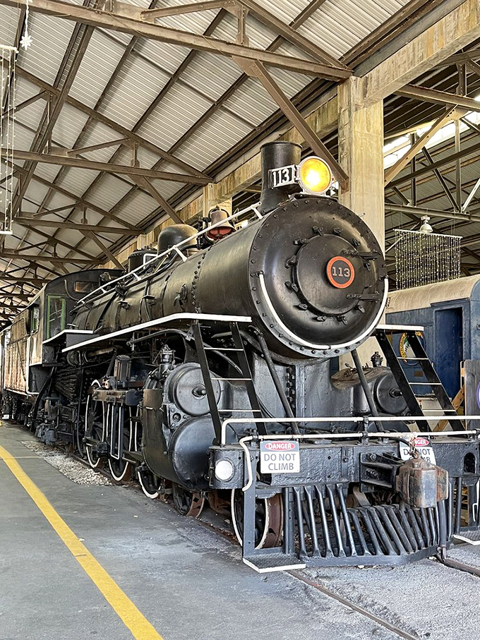 Steam Locomotive #113 commands attention with its imposing black frame and bright yellow headlight&mdash;like meeting a celebrity from transportation's greatest generation.