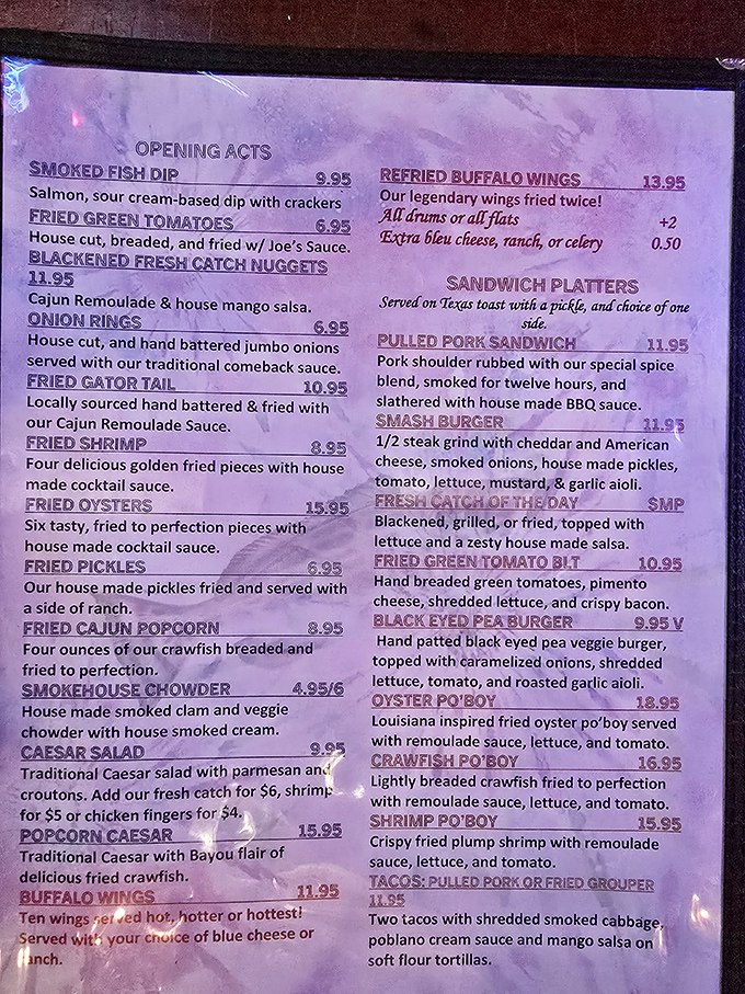 The menu reads like a love letter to Southern and Florida cuisine, with enough fried goodness to make your cardiologist wince and enough flavor to make you not care.