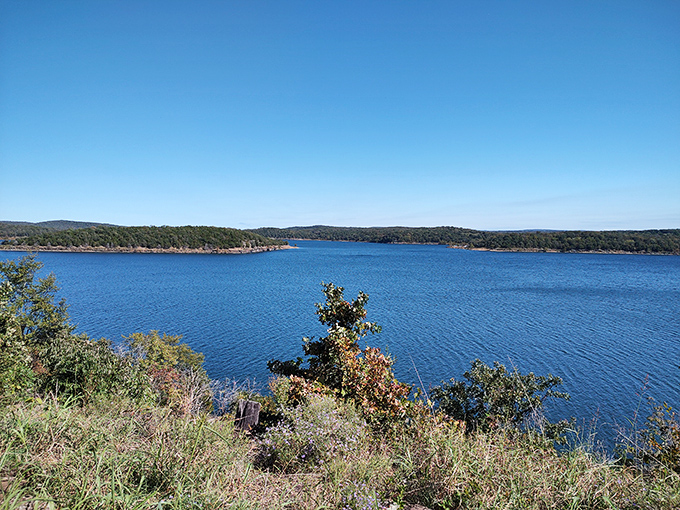The vast blue expanse of Tenkiller Ferry Lake stretches to the horizon, offering a slice of Mediterranean vibes in the heart of Oklahoma.