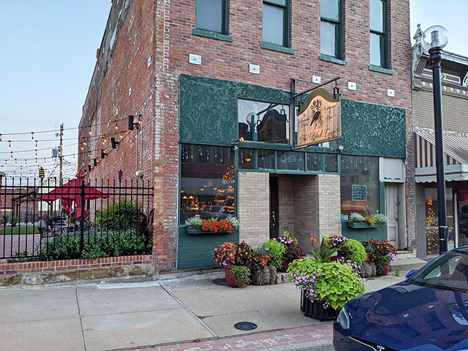 The Black Crow Restaurant welcomes visitors with a burst of colorful planters &ndash; proof that Midwestern hospitality extends even to the flora.