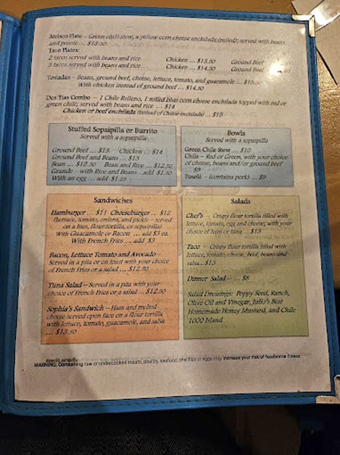 The menu reads like a love letter to New Mexican cuisine. Each item promises a flavor journey that's been perfected over generations.