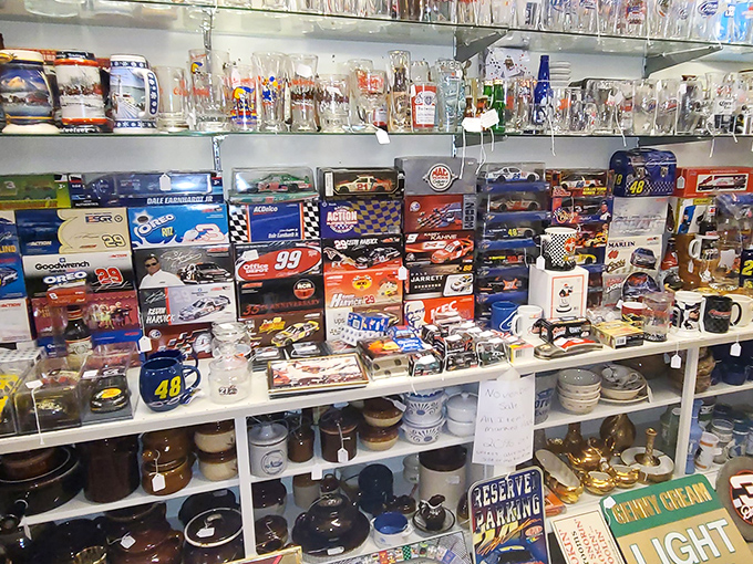 NASCAR heaven meets man-cave nirvana in this collector's corner. More racing memorabilia than you can shake a checkered flag at!