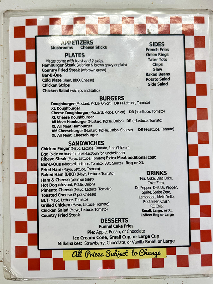 This no-nonsense menu tells you everything you need to know: straightforward Southern comfort food with zero pretension and maximum satisfaction guaranteed.