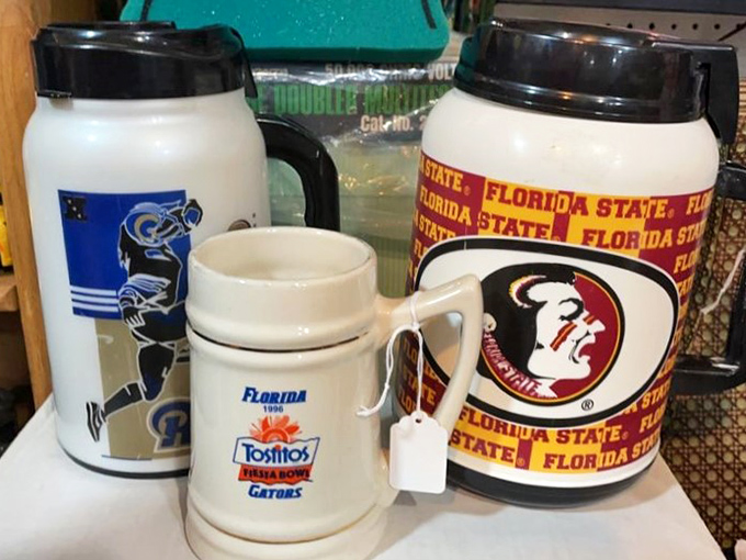 College rivalries live forever in vintage drinkware. Gators, Seminoles, and Rams immortalized in ceramic, ready for game day memories.
