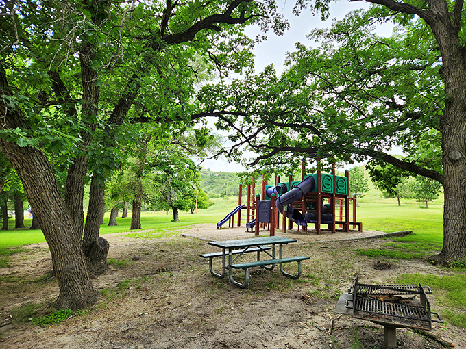 This playground tucked among towering trees offers a perfect family picnic spot&mdash;nature's air conditioning included at no extra charge.