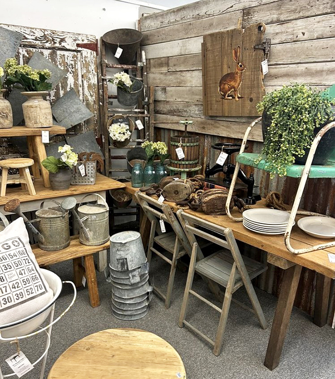 Farmhouse chic heaven! Galvanized buckets, weathered wood, and vintage treasures arranged so perfectly you'll wonder if Joanna Gaines moonlights here.