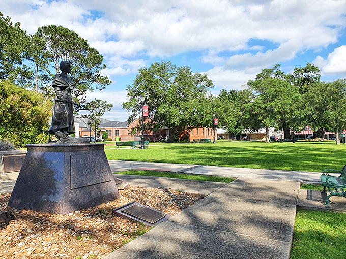 A stately statue stands guard in Veterans Park, reminding visitors that Breaux Bridge honors its history while celebrating its culinary present.