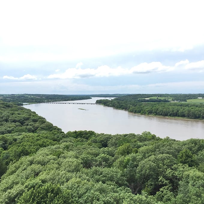 Nebraska's mightiest waterway on display: The Platte River stretches toward the horizon, a liquid highway flanked by emerald forests.