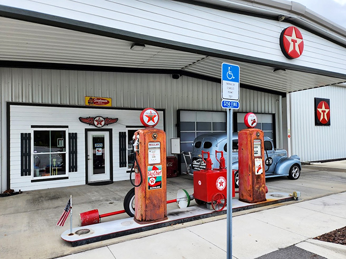 Remember when gas stations had personality? This vintage Texaco setup transports you to simpler times when service came with a smile and a clean windshield.