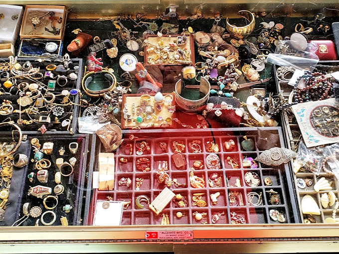 Each compartment in this jewelry display tells a story&mdash;some costume, some possibly genuine&mdash;all waiting for their next chapter.