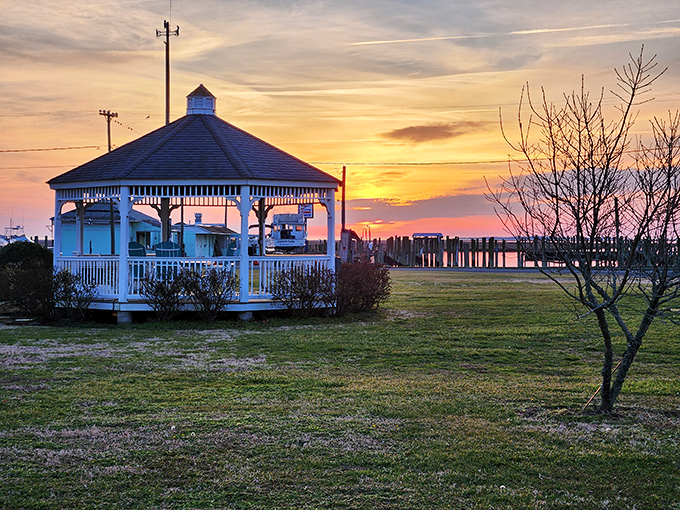 Sunset at the gazebo &ndash; nature's evening show that beats anything on Netflix. The perfect spot to contemplate life's big questions or simply what's for dinner.