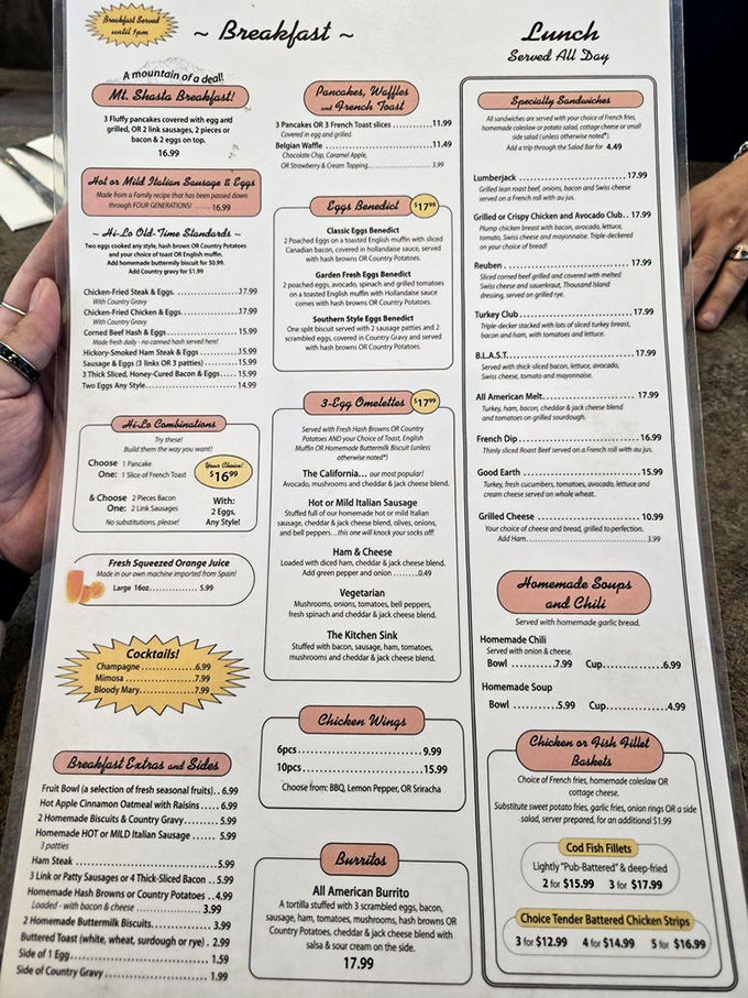 This menu isn't just offering food&mdash;it's promising happiness on a plate. The "Mt. Shasta Breakfast" isn't named after the mountain by accident!