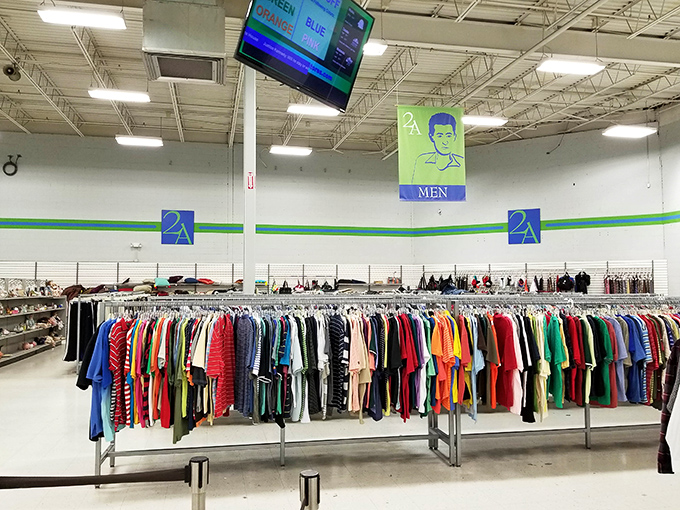 Welcome to the men's department, where color-coded racks transform the hunt for the perfect shirt into an organized adventure rather than a chaotic expedition.
