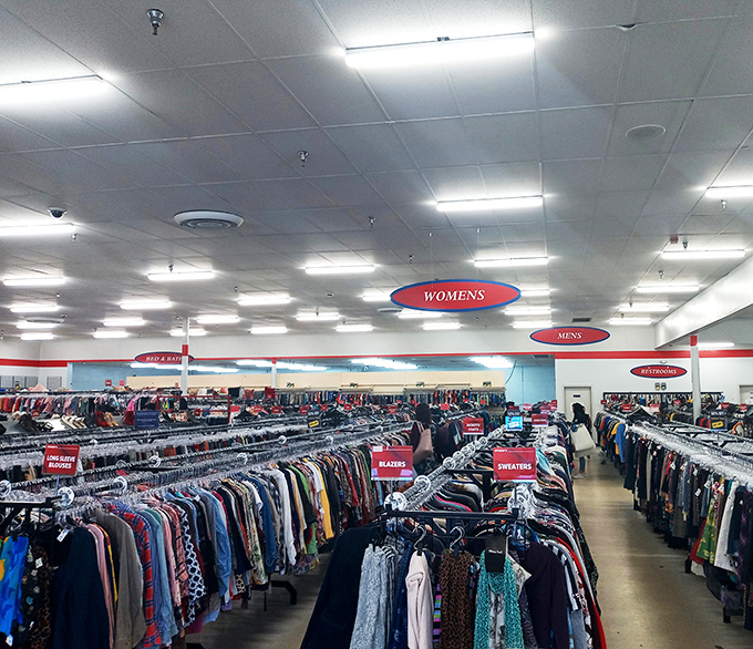 A sea of clothing stretches to the horizon under clear department signs&mdash;organization that would make Marie Kondo nod in approval.