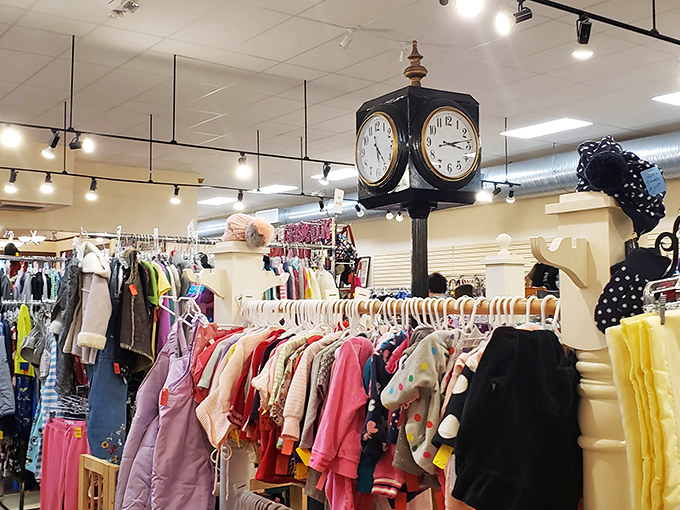 The iconic four-faced clock stands sentinel over racks of clothing, silently witnessing countless "eureka" moments as shoppers discover hidden gems.