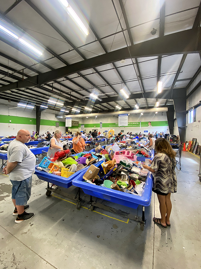 Textile treasures await the patient digger. Like an archaeological expedition where the artifacts might include someone's 1992 concert t-shirt.