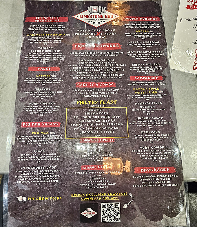 The menu reads like barbecue poetry&mdash;with the "Philthy Feast" as its epic centerpiece, promising enough meat to make a vegetarian weep from across the room.