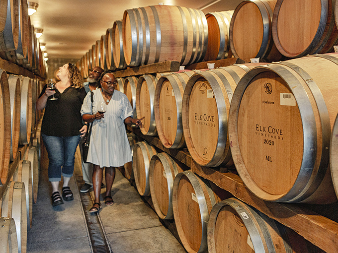 Oak barrels standing like silent sentinels of patience. Each one a time capsule where grape juice transforms into liquid poetry worth the wait. 