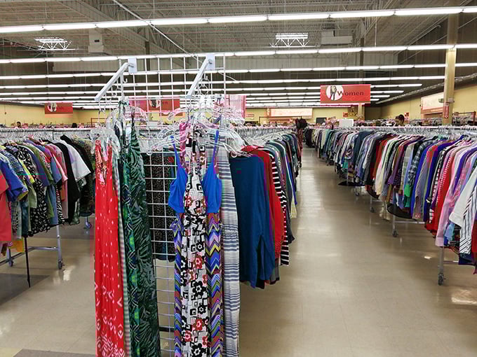 The women's section could qualify for its own zip code, with enough colorful options to dress every character in a Wes Anderson film.