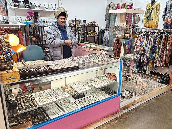 This vendor's jewelry display could rival a small museum. Decades of fashion history sparkle under glass, waiting for their next chapter. 