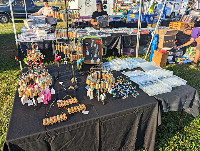 Tiny treasures await new homes at this meticulously arranged display. Remember when wind chimes were the original notification system for "company's coming"?