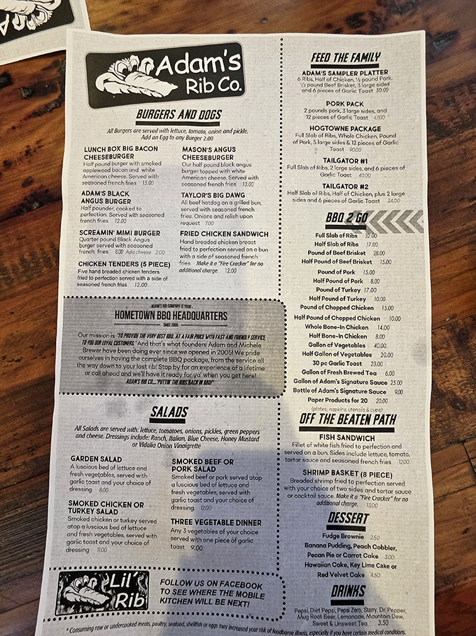 The menu reads like a love letter to meat lovers. Notice how "Feed the Family" appears at the top&mdash;priorities in order!