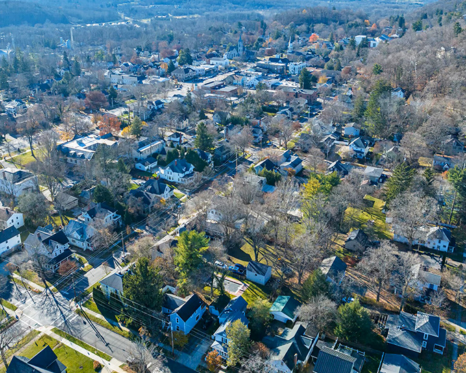 From above, Granville reveals itself as a perfect patchwork of small-town living, where every street tells a story and every yard has history.