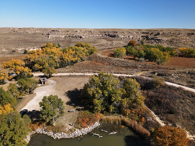 The ultimate bird's-eye view reveals Lake Scott's true personality&mdash;an oasis dramatically carved into the prairie, like nature's perfect plot twist.