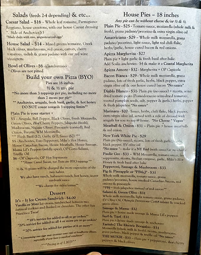 The menu reads like a manifesto for pizza perfection&mdash;note the three-topping limit, not a suggestion but a philosophy.