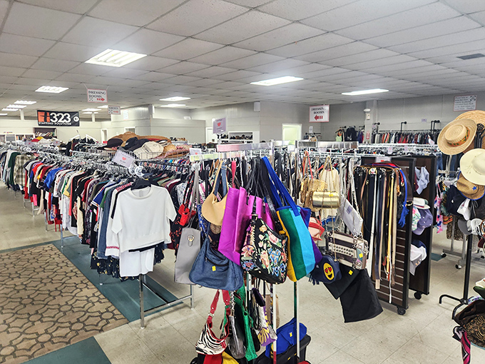 Clothing racks that stretch to infinity. Each hanger holds someone's past fashion choice waiting for its second act.