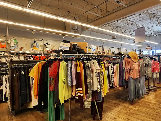 A rainbow of possibilities hangs in perfect formation. That fuzzy orange jacket is practically screaming your name!