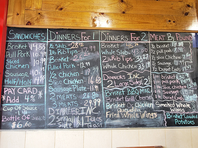 The chalkboard menu&mdash;barbecue's version of sacred text. Each handwritten item represents hours of smoking, decades of expertise, and seconds until your mouth waters.