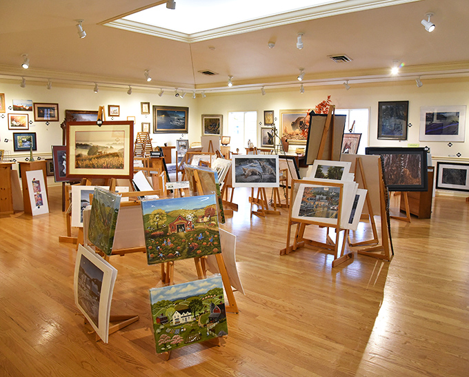 The art gallery section offers a peaceful respite from treasure hunting, where local landscapes and charming rural scenes await new homes on your walls.