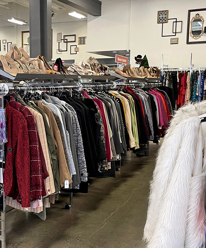 A rainbow of possibilities hangs in perfect formation, each garment whispering tales of its former San Francisco life.