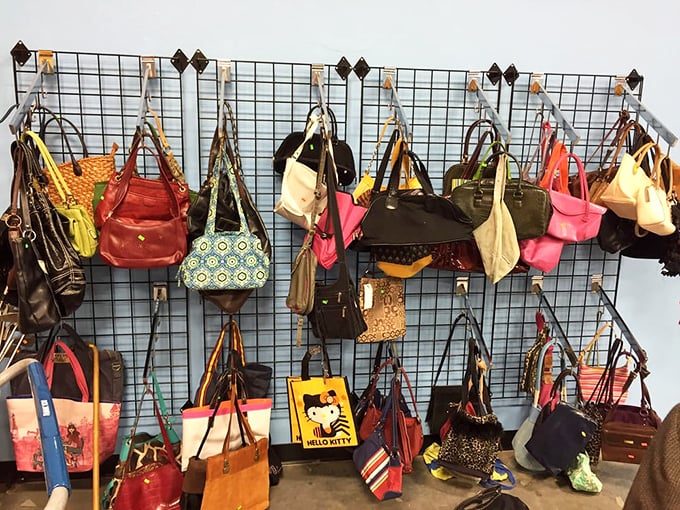 Handbags hang like colorful art installations, each one carrying stories from previous owners' adventures and escapades.