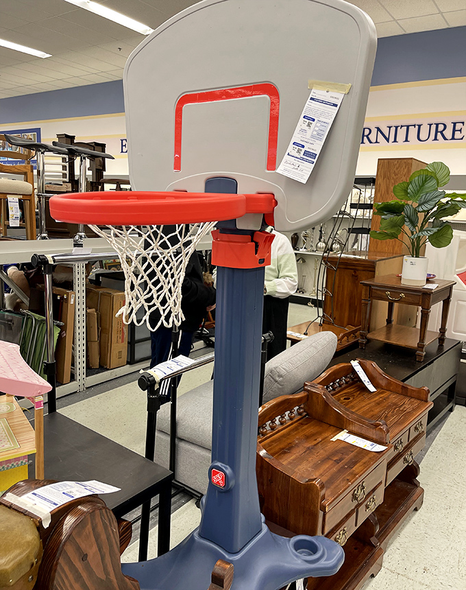 Basketball hoop meets antique dresser in the furniture section&mdash;where your inner child and sophisticated adult can shop simultaneously.