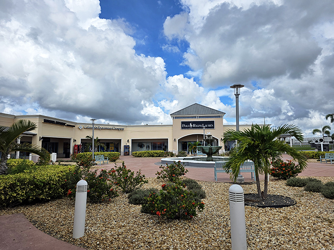 Florida landscaping done right&mdash;drought-resistant plants surround the walkways, proving beauty doesn't have to be high-maintenance, unlike some designer jeans.