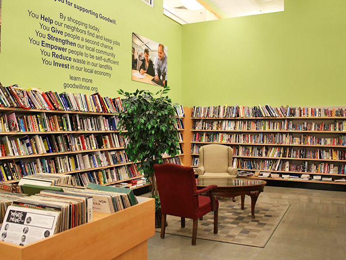 The book section: where literary dreams and bargain prices collide. That reading nook setup is practically begging you to sit down with a forgotten classic.