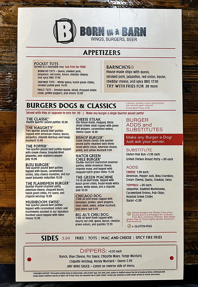 The holy trinity spelled out in black and white: "Wings, Burgers, Beer." This menu isn't trying to be everything—just everything you want.