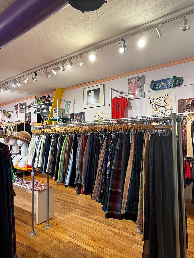 A rainbow of vintage pants awaits new legs to fill them, each with stories from dance floors and street corners of yesteryear.