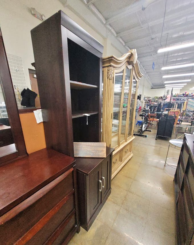 Furniture treasure island! Elegant display cabinets and sturdy bookshelves wait patiently for their second act in homes across Newport News.