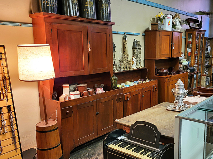 Wooden cabinets stacked high prove that furniture used to be built by people who expected their grandchildren to inherit it.