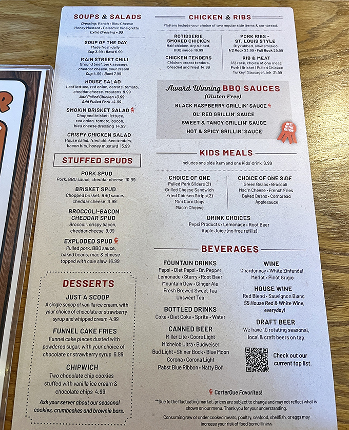 The menu&mdash;a sacred text of smoked delights. Notice how "Award Winning BBQ Sauces" gets special billing, like headliners at a meat concert.