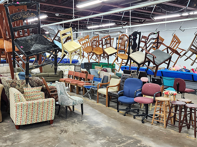 The chair section resembles a furniture family reunion&mdash;that mid-century armchair is definitely not speaking to the '90s office chair anymore.