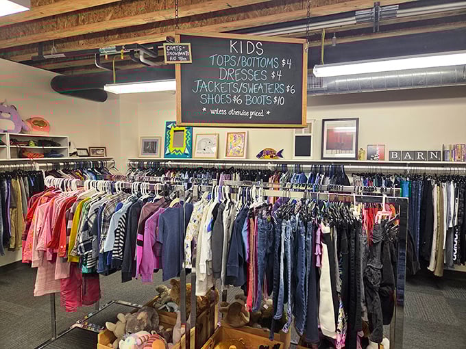 The children's section: where outgrown treasures find new adventures and parents discover the true meaning of "why pay retail for something they'll outgrow in a week?"