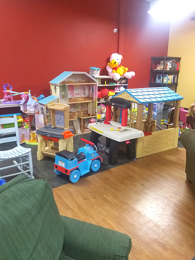 Childhood dreams stacked high! From dollhouses to Thomas the Tank Engine, yesterday's toys waiting for tomorrow's adventures.