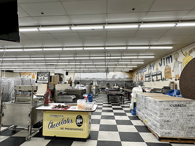 The beating heart of chocolate magic – where stainless steel meets sweet science on that classic checkered floor that screams "serious candy business happening here."