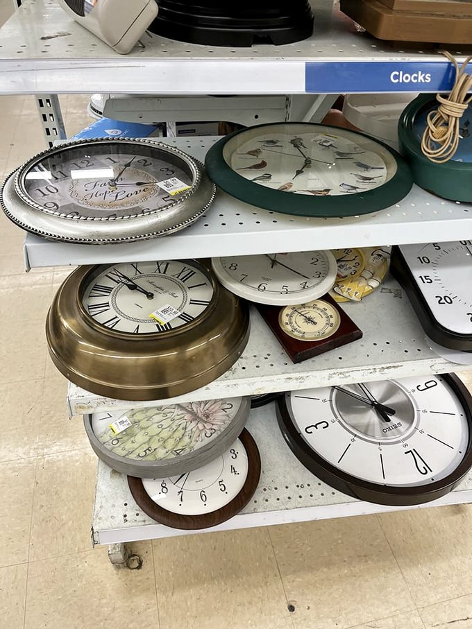 Time literally stands still in the clock section. Vintage timepieces wait patiently for someone new to wind them back to life.