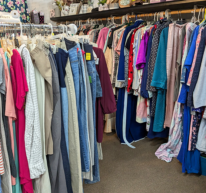 The women's clothing section offers a time-traveling fashion experience where vintage pieces mingle with modern styles.