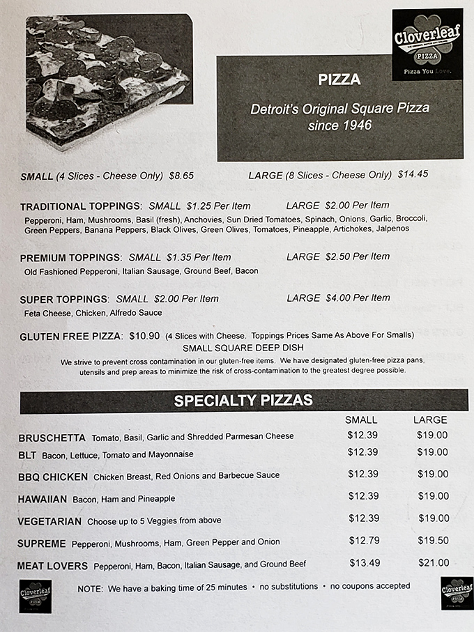 Detroit's original square pizza since 1946&mdash;a menu that doesn't need fancy fonts or pretentious descriptions when the product speaks this loudly.